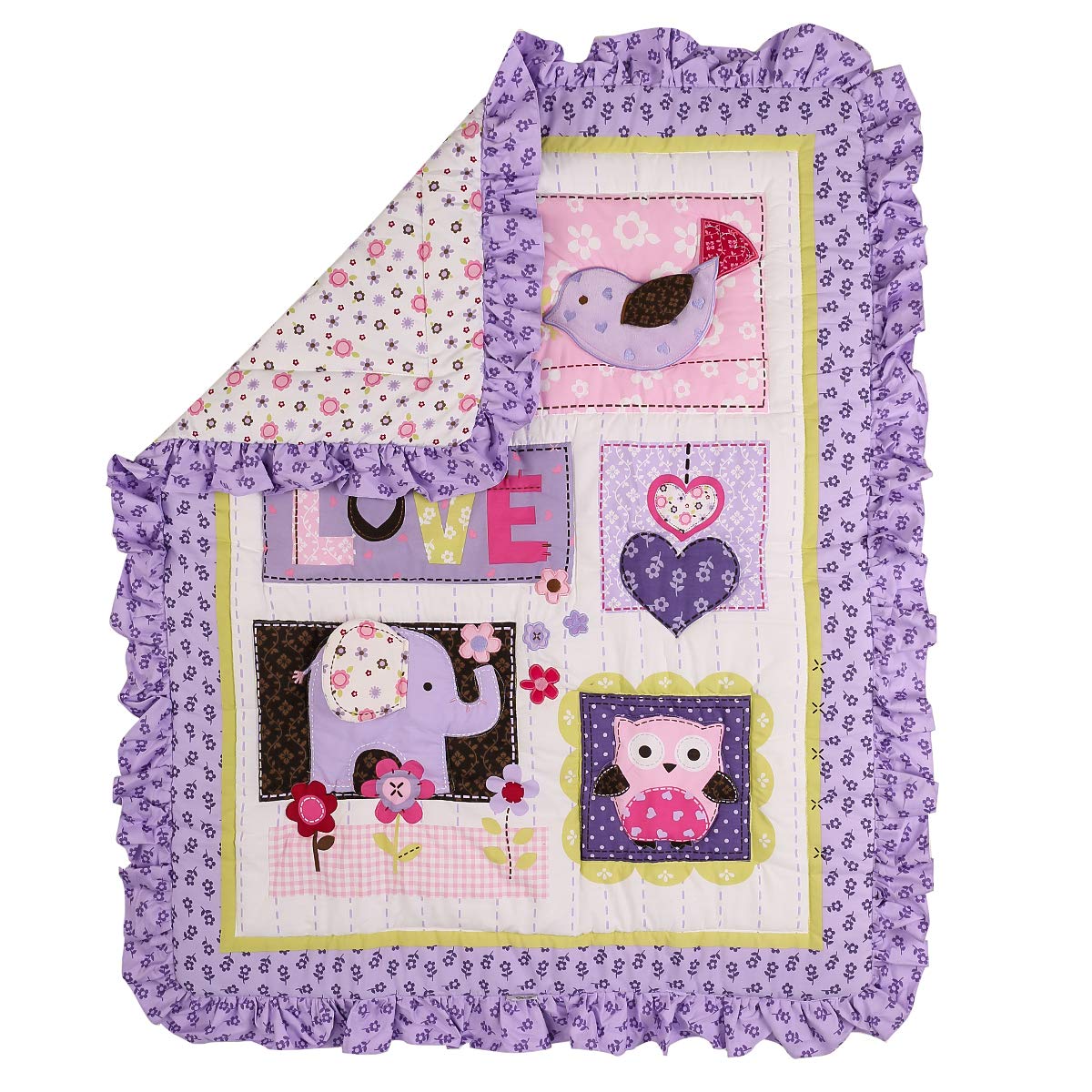 7 PCs Purple Embroidery Elephant Birds Nursery Crib Bedding Set Baby Girl Gift Idea, (CM-PEB7CS001)