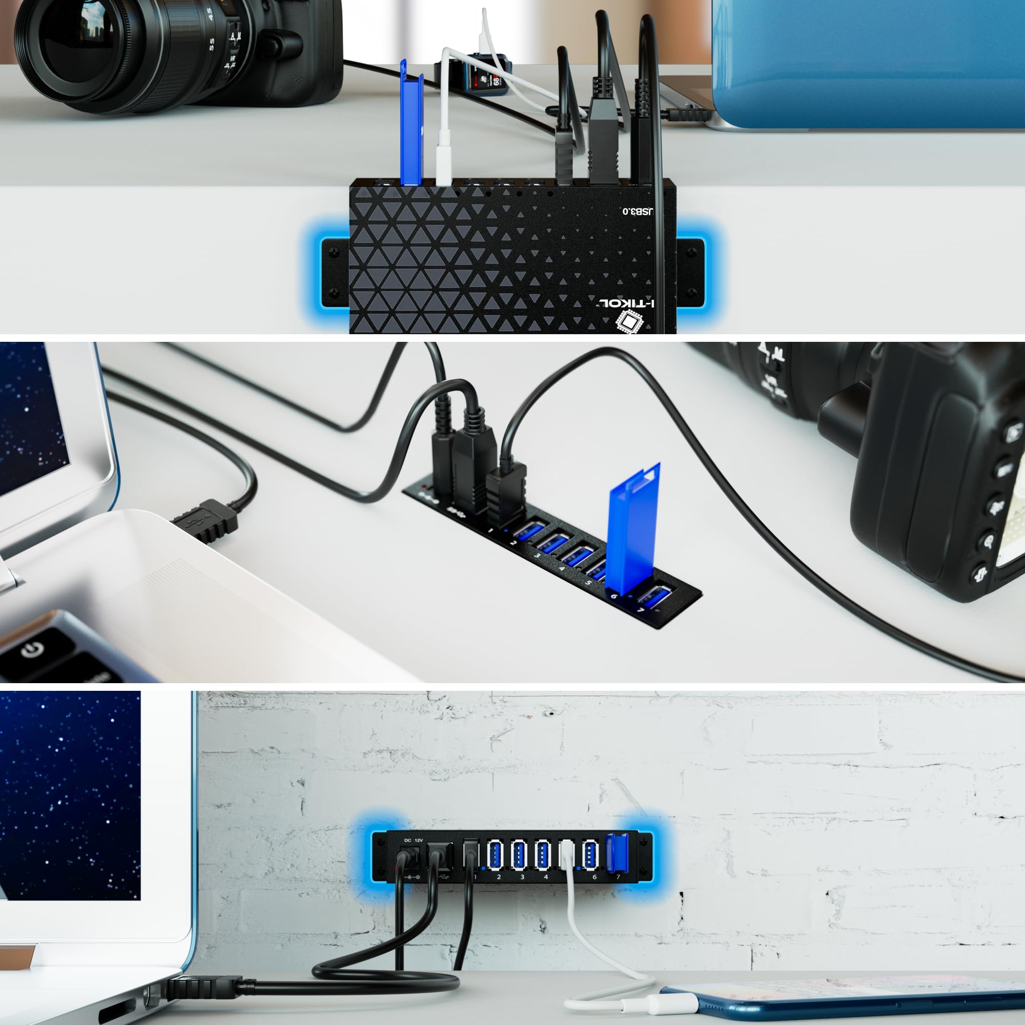 7 Port USB 3.0 Hub - Powered USB Hub –Multiple USB Splitter with Built-in 12V/3A/36W Power Adapter - Up to 5Gbps Sync & High-Speed Data Transfer - Mounting Brackets for Phone MB Laptop Tablet PC