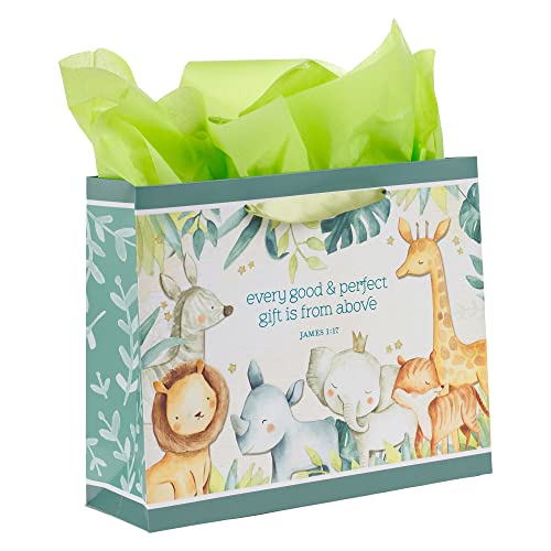 Christian Art Gifts Large Landscape Scripture Gift Bag w/Greeting Card & Tissue Paper Set for Kids: Every Gift Inspirational Bible Verse, Cute Animal Forest Theme Childrens Wrapping Accessory, Boys,