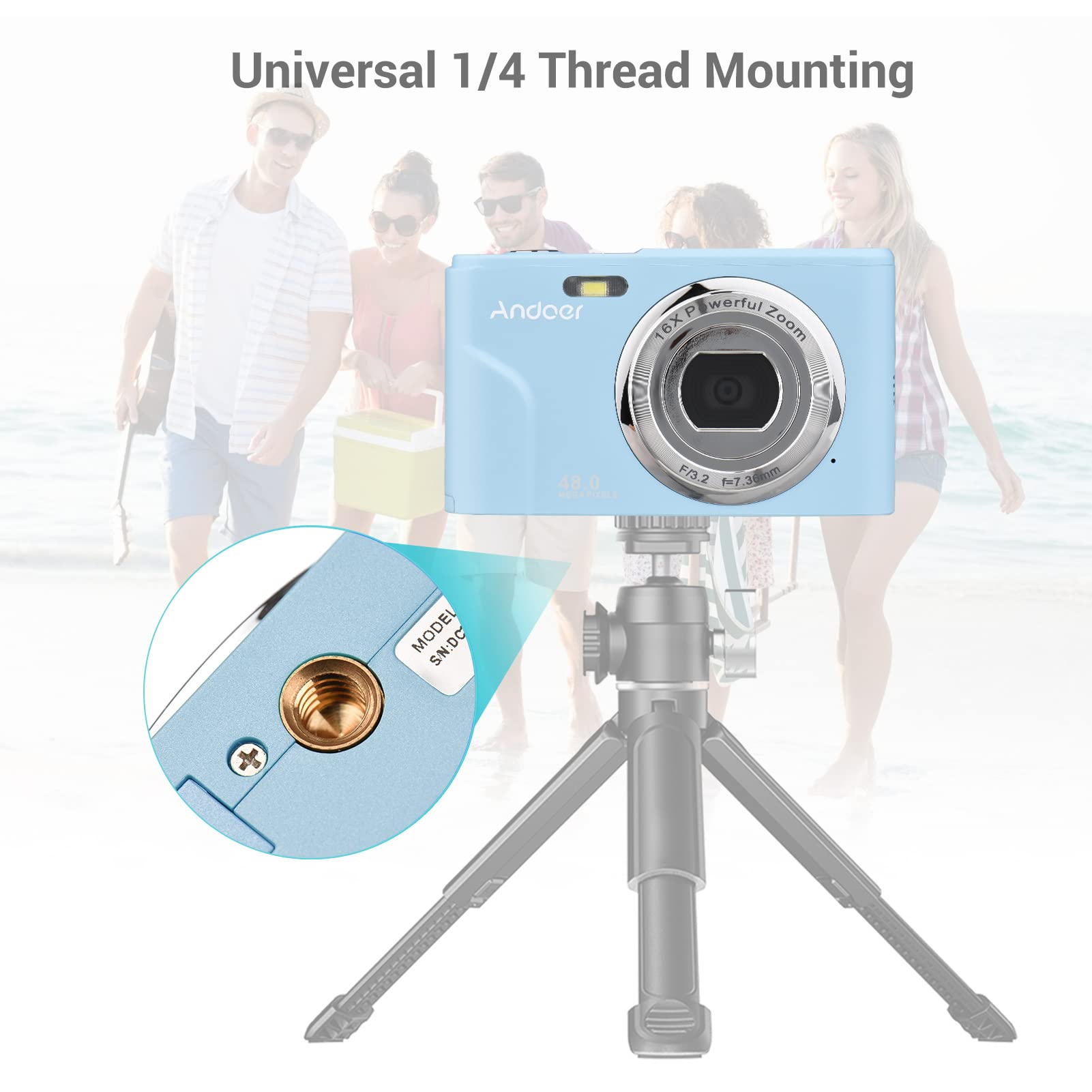 Andoer Portable Digital Camera 48MP 1080P 2.4-inch IPS Screen 16X Zoom Auto Focus Self-Timer 128GB Extended Memory Face Detection Anti-Shaking with 2pcs Batteries Hand Strap Carry Pouch