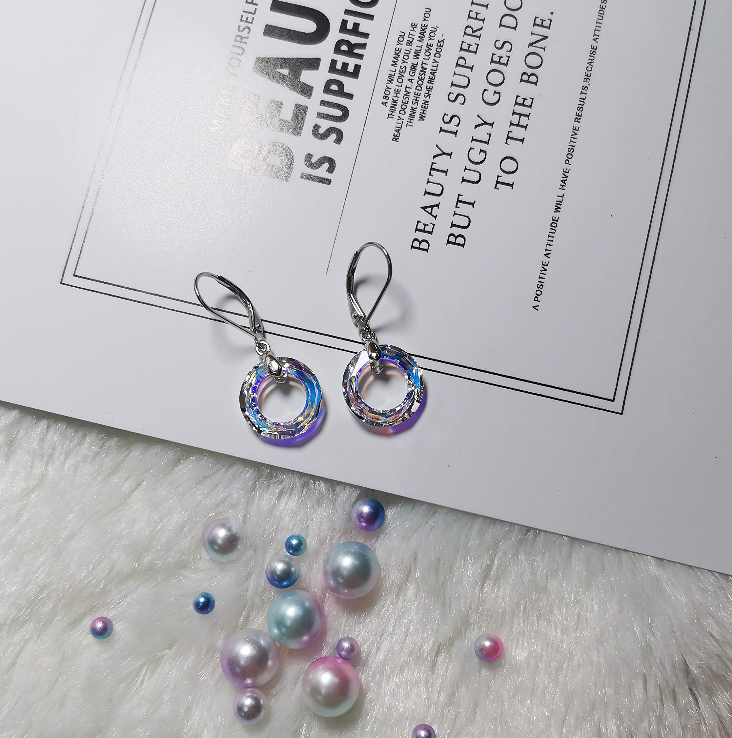 925 Sterling Silver Circle Earrings with Austria Crystal Leverback Dangle Earrings Hypoallergenic Jewelry for Women Mom (Aurore Borealis Crystal Earrings)