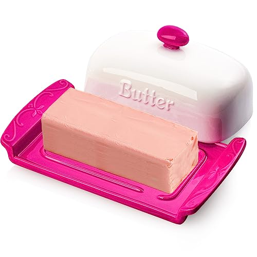 AVLA Ceramic Butter Dish with Lid, Porcelain Butter Keeper Container for Countertop, Counter, Fridge, Butter Tray Holder For Butter Storage, Perfect for East and West Butter, Holds 1 Stick, Red