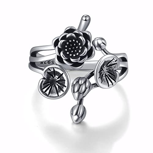 ANHAISHUILV Lotus Flower Ring for Women, S925 Sterling Silver Open Ring, Delicate Personalized Jewelry Gift for Women/Mom, Adjustable Ring 7-9