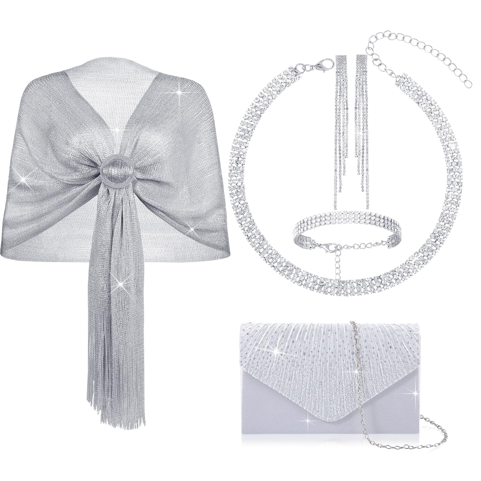 5 Pcs Women Accessories Including Shawls and Wraps, Evening Bag Clutch Purses, Rhinestone Jewelry Sets for Wedding Bridal (Silver)