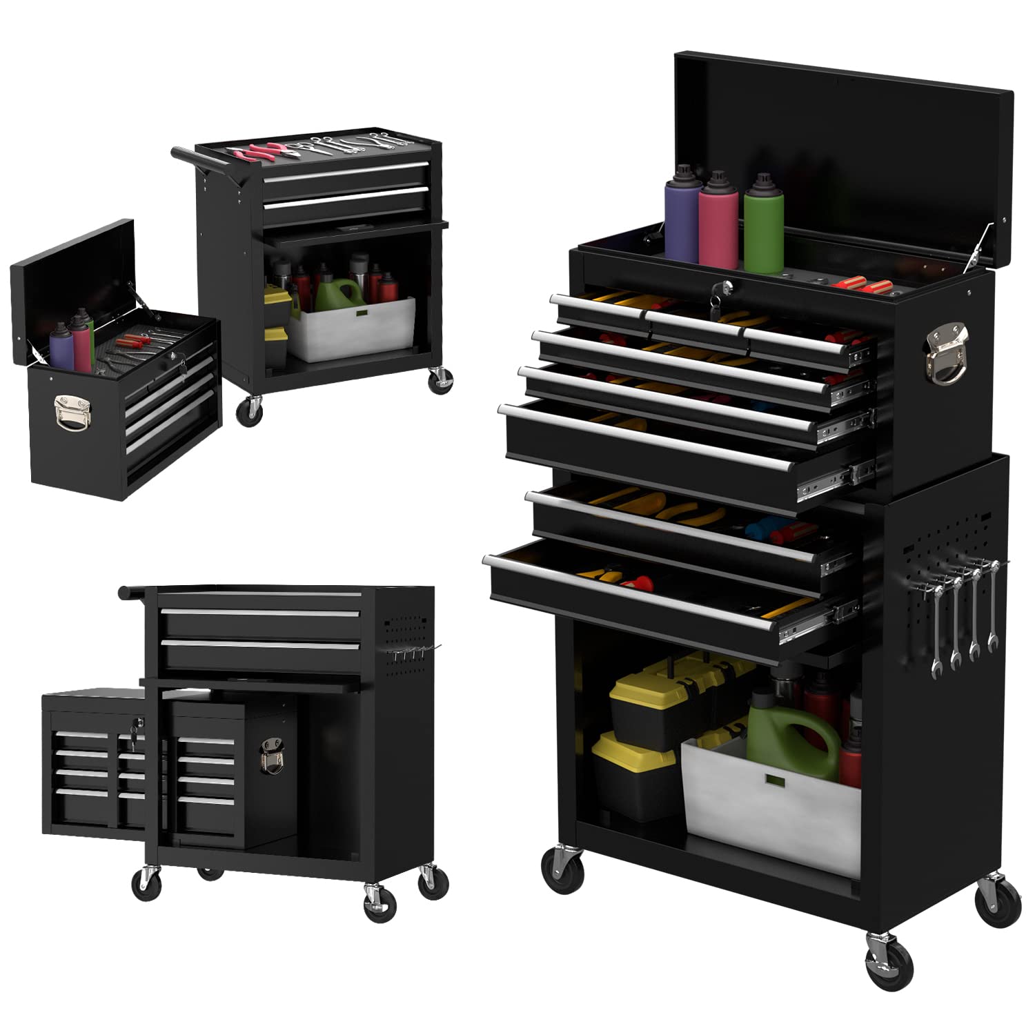 8-Drawer Rolling Tool Chest Box, Removable Storage Cabinet with 4 Wheels and Drawers, 2 in 1 Portable Toolbox Organizer, Lockable Drawer Gifts for Men, Black