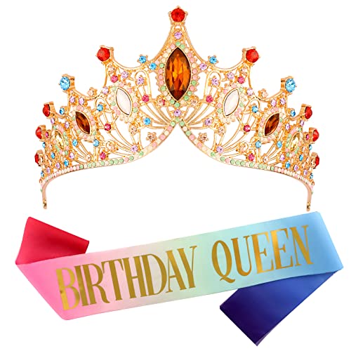 Birthday Queen Sash and Tiara for Women Crystal Tiara and Satin Kit for Girl Rhinestones Crown with Comb Glitter Hair Accessories for Prom Party Decoration Cake Topper Accessory Set with Pins