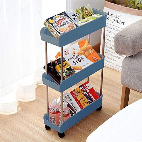 Melody House 3-Tier Slim Mobile Shelving Unit on Wheels, Slide Out Rolling Bathroom Storage Organizer, Utility Carts Shelf Rack for Kitchen Bathroom Laundry Room Narrow Places, Navy Blue