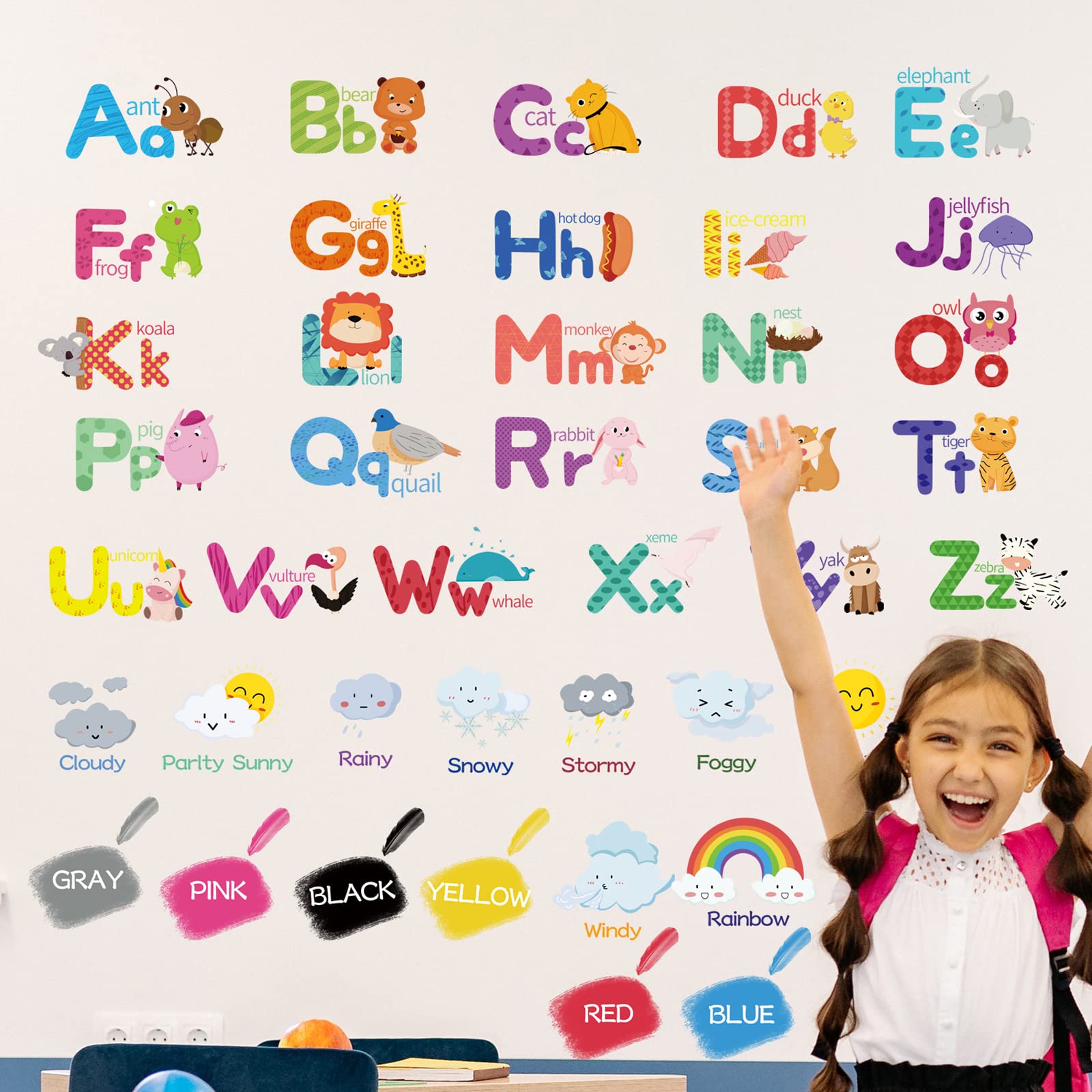 6 Sheets Colorful Alphabet Number Wall Decals Weather Learning Educational Wall Decals Peel and Stick Alphabet Wall Stickers Educational Classroom Stickers for Kids Playroom Bedroom Wall Stickers