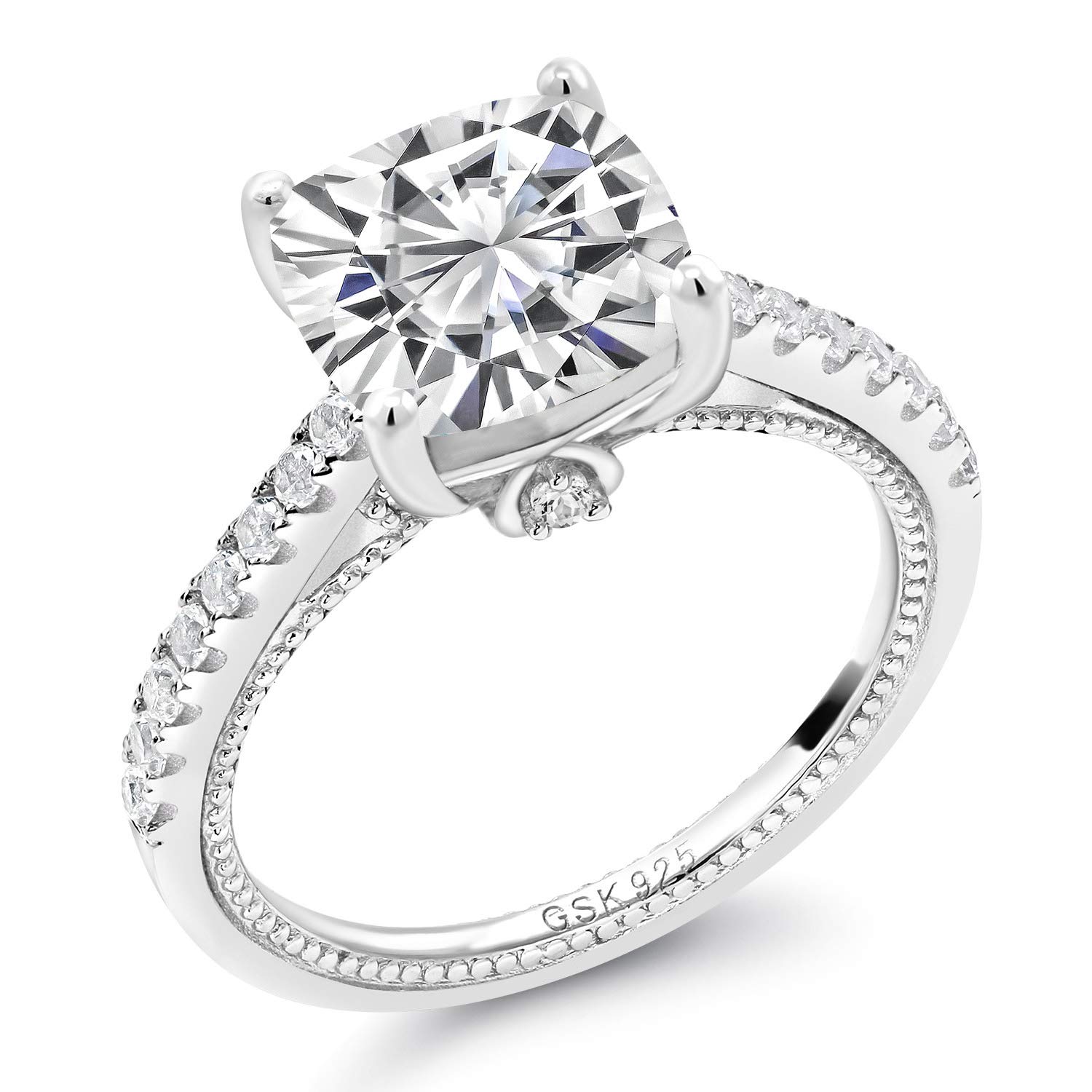 925 Sterling Silver Forever Classic Moissanite from Charles & Colvard and Created Sapphire Engagement Ring For Women (5.27 Cttw, Cushion 10MM, Available 5,6,7,8,9) (Size 7)