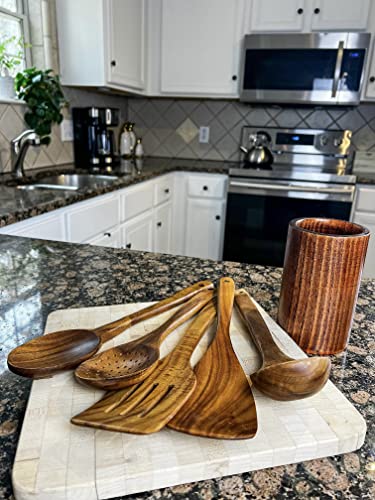 5 Piece Teak Wooden Cooking Spoons Set and Wooden Holder for Storage, Includes Spatulas, Ladle, Strainer, and Mixing Spoon
