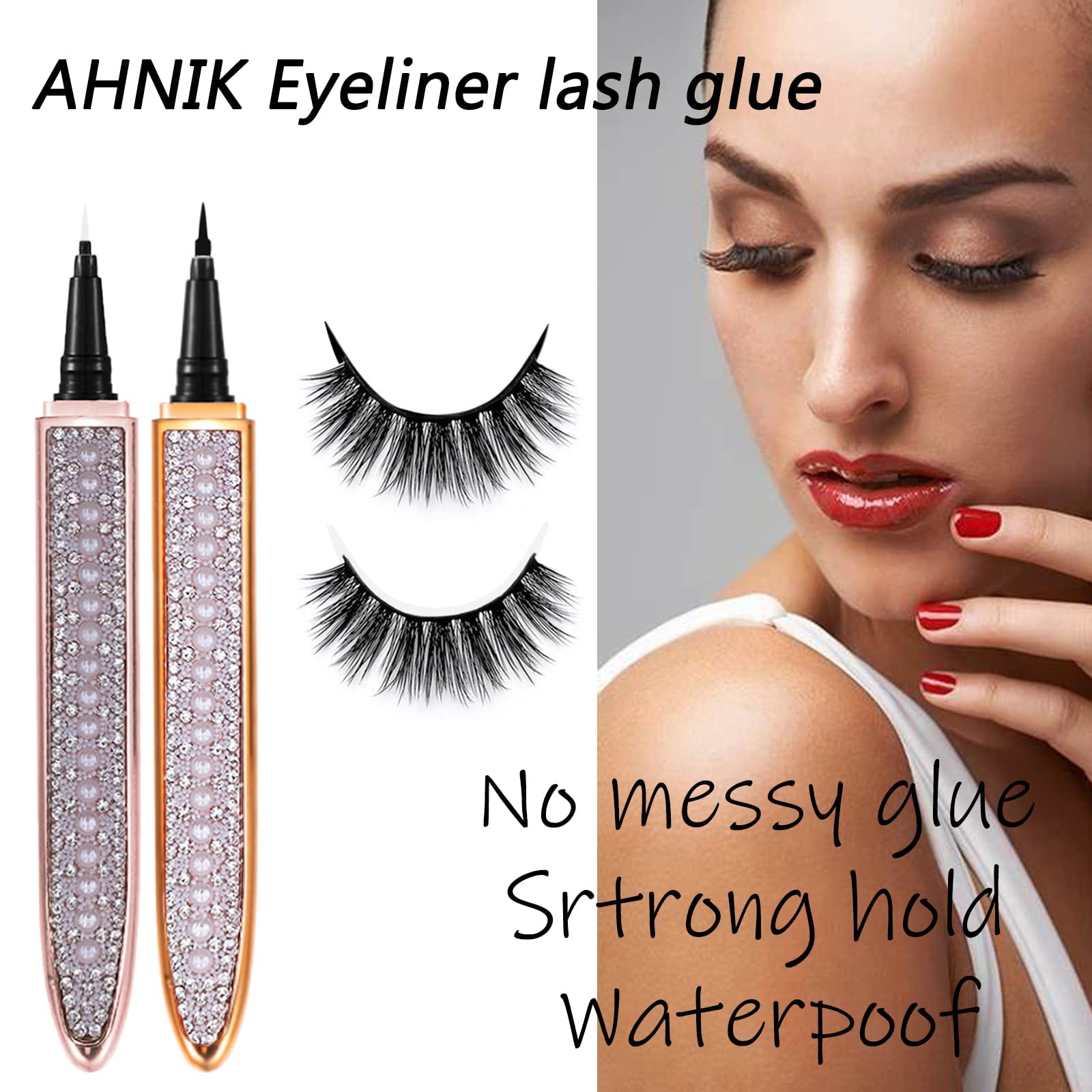 AHNIK Eyeliner Lash Glue Latex-Free Suitable for Sensitive Eyes Eyeliner Glue Strong Hold Waterproof Eyelash Glue Pen Eyelash Glue for False Lashes (1P, Black)