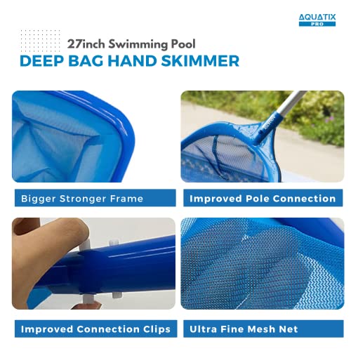 Aquatix Pro Hand Leaf Skimmer for Spa, Hot Tub & Pool with 12β Aluminum Pole, Fine Mesh Deep Bag Net, Suitable for Above Ground Swimming Pools, Kids Inflatables & Ponds, Remove Leaves & Debris Fast