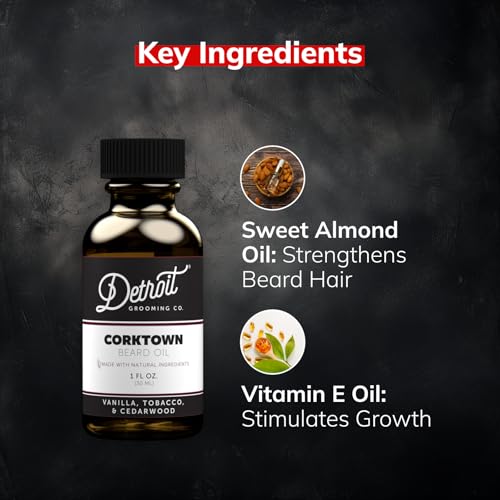 Detroit Grooming Co. Beard Oil β All-Natural, Hydrating Formula with Natural Oils, Vitamin E β Black Beard Oil (Cedarwood & Amber) β 1 oz (Corktown)