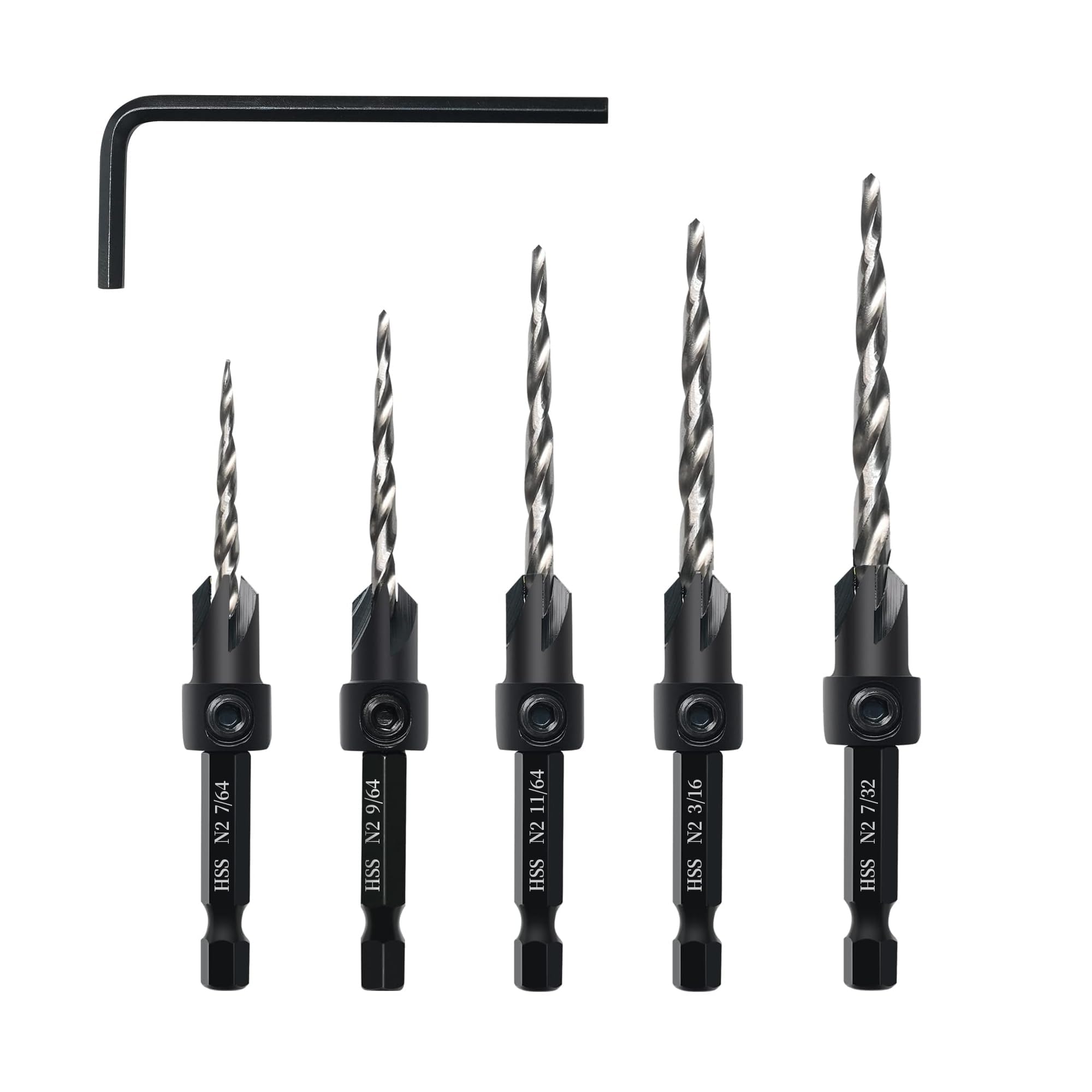 AIMLENTOOL Countersink Drill Bit Set, 5PCS Tapered Drill Bits, M2 Countersink Set with 1/4" Hex Shank Quick Change and 1 Allen Wrench for Woodworking, Pilot Screw Hole Set for Soft & Hard Wood