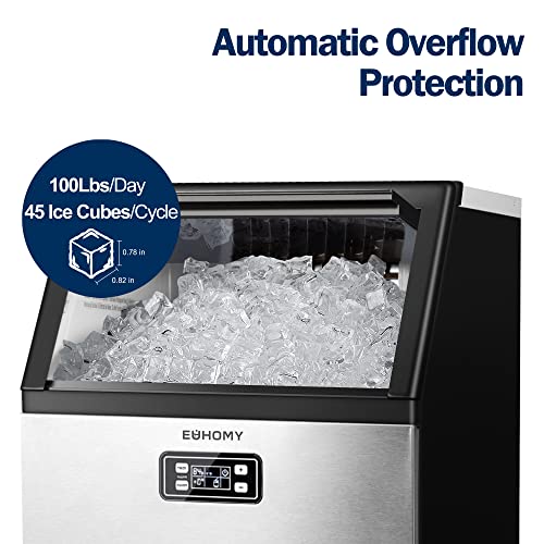 EUHOMY Commercial Ice Maker Machine, 100lbs/24H Stainless Steel Under Counter ice Machine with 33lbs Ice Storage Capacity, Freestanding Ice Maker.