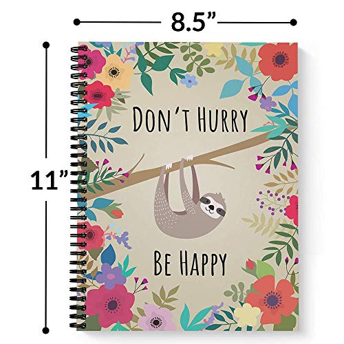 Softcover Be Happy 8.5" x 11" Funny Sloth Spiral Notebook/Journal, 120 Wide Ruled Pages, Durable Gloss Laminated Cover, Black Wire-o Spiral. Made in the USA