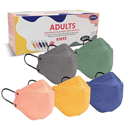 AOTDAOU KN95 Face Masks for Women Men, 30 Packs Individual Wrapped Colorful Mask Adult Sized, Form Fitting Comfortable Breathable with Adjustable Black Earloops Snug Fit, Filter Efficiencyâ„95%