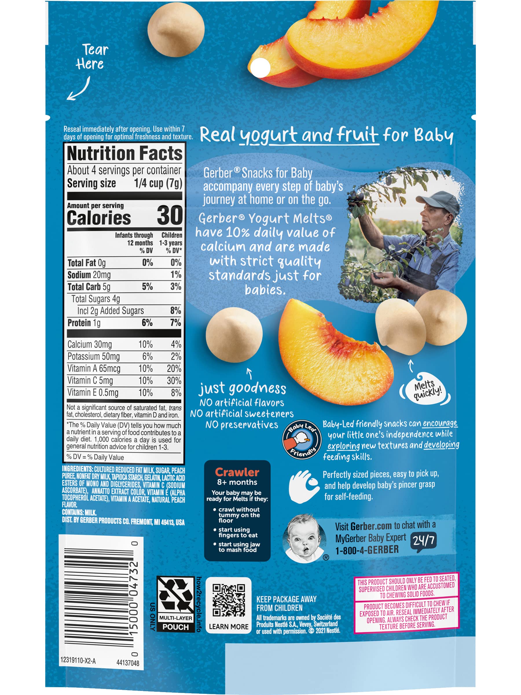 Gerber Snacks for Baby Yogurt Melts, Peach, Freeze-Dried Yogurt Snack Made with Real Yogurt & Fruit, Baby Snack for Crawlers, 1 Ounce Pouch (Pack of 2)