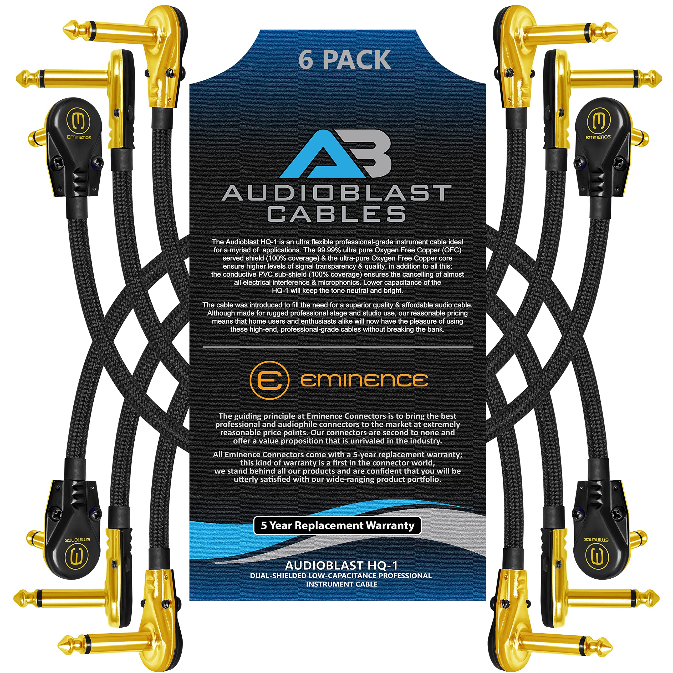6 Units - 6 Inch - Audioblast HQ-1-BRAID (Black) - Ultra Flexible -Dual Shielded(100%) -Instrument Effects Pedal Patch Cable w/Low-Profile, R/A Gold Pancake TS(6.35mm) Plugs & Dual Staggered Boots