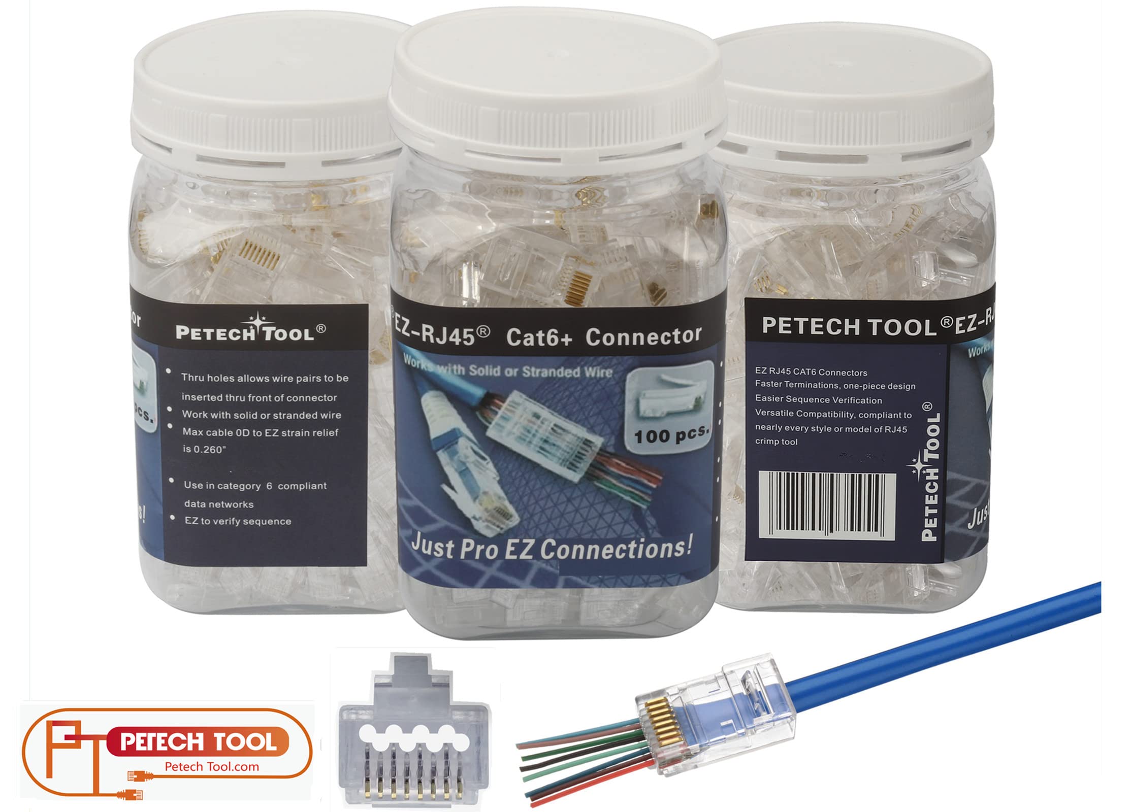 PETECHTOOL 100-Pack RJ45 CAT6A CAT6 Pass Through Connectors 23AWG Cables-End Bold UTP Ethernet 8P8C Gold Plated Modular Plug for Unshielded Twisted Pair Solid Wire Standard Cables