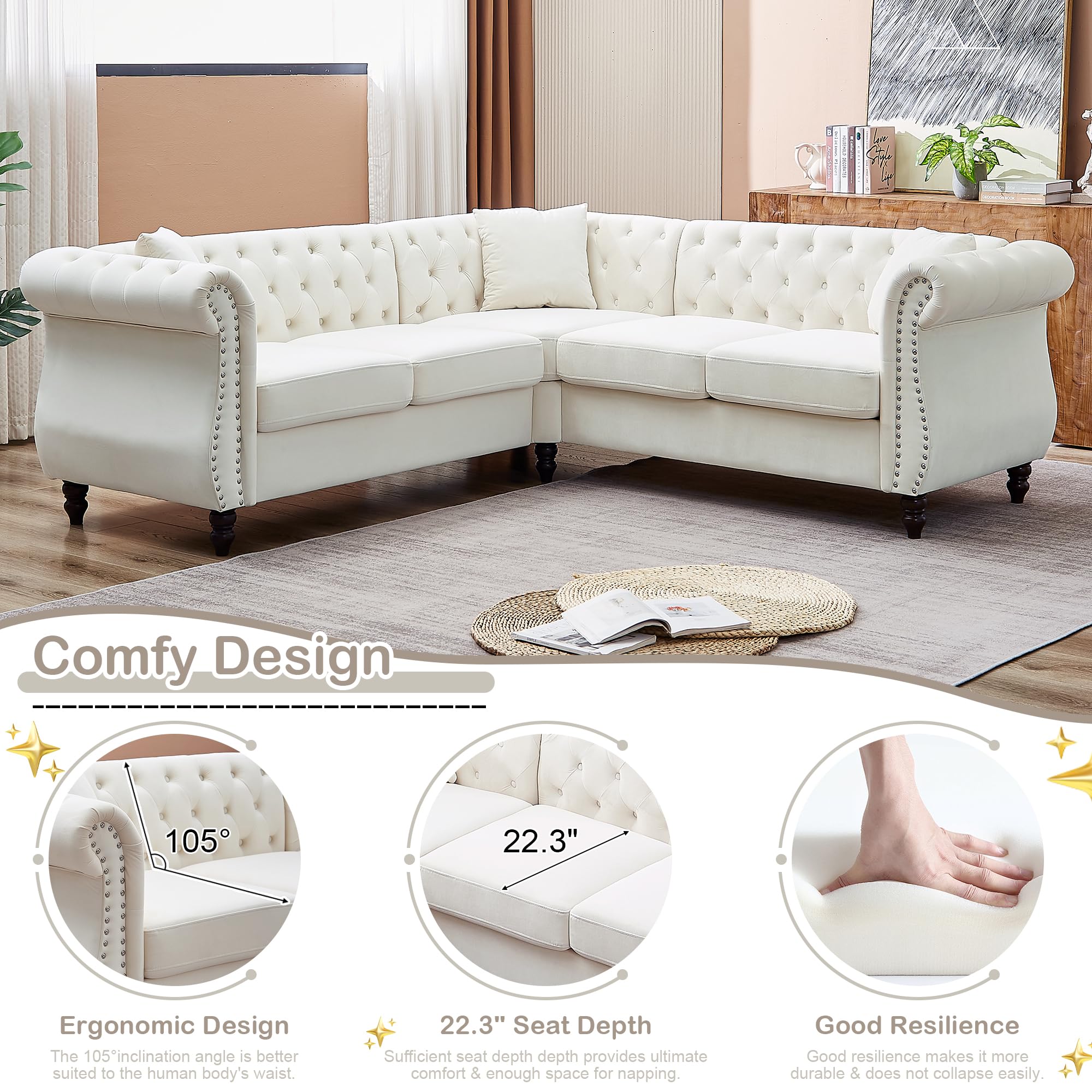 ATUMON 83.5" Oversized L-Shaped Corner Velvet Couch,Heavy Duty Solid Wood Frame and Sturdy Wood Legs,5-Seater Corner Sofas with 3 Pillows for Living Room, Bedroom, Apartment, Office (83.5" Beige)