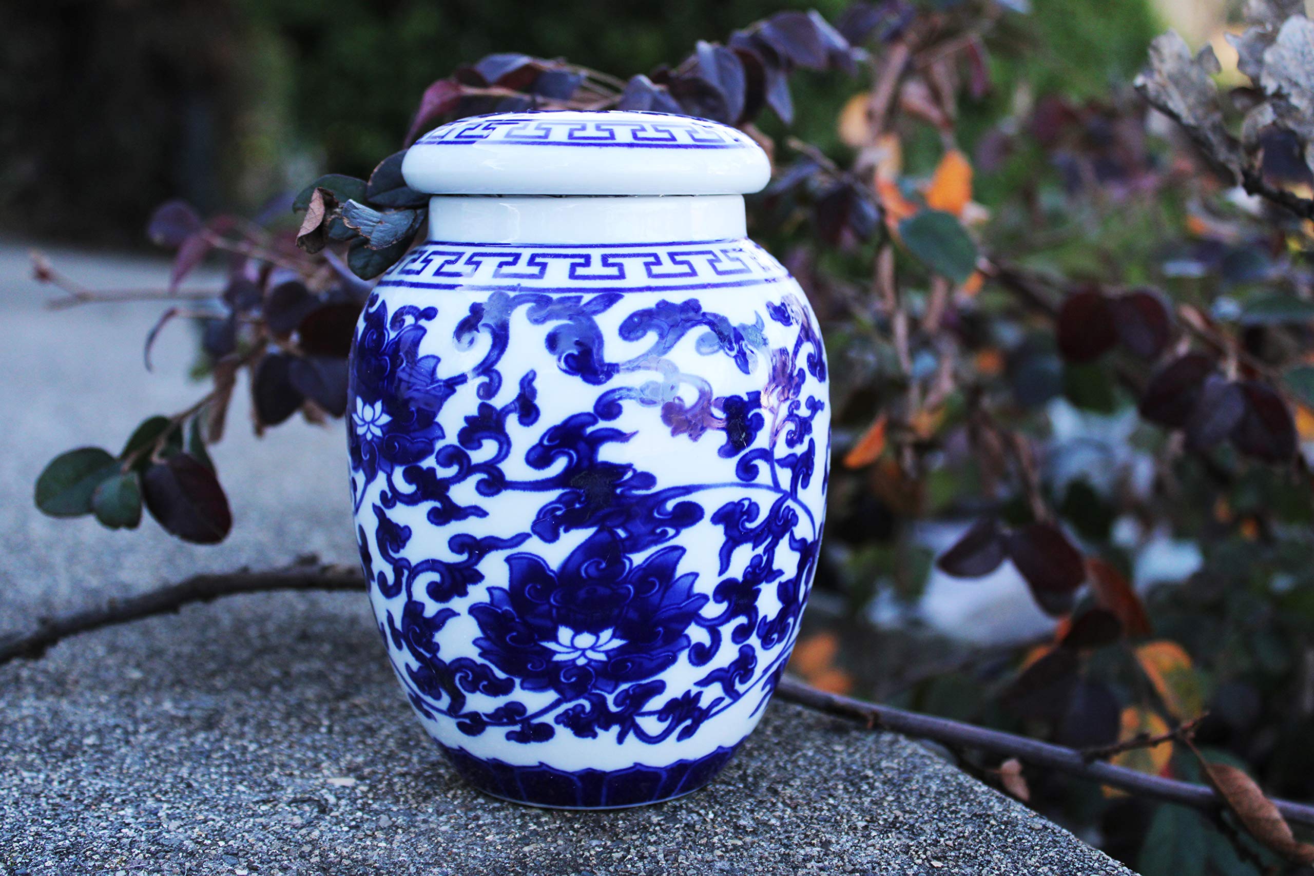Decorative Blue and White Lotus Pattern Porcelain Storage Container or Display Unit. Small