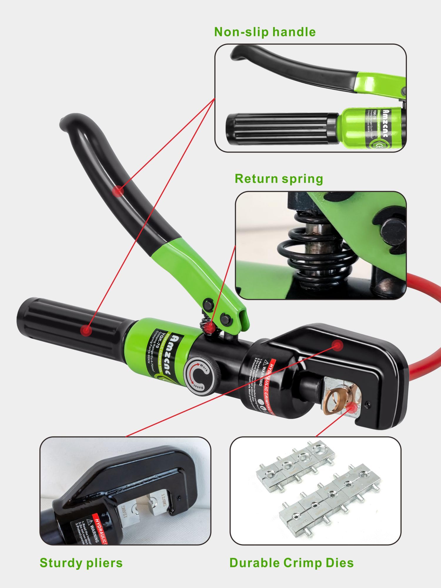 AMZCNC 10 Tons Hydraulic Wire Battery Cable Lug Terminal Crimper Crimping Tool With 9 Pairs of Dies