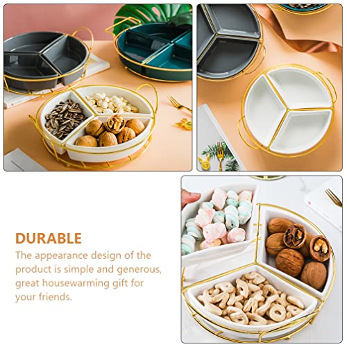 Angoily Ceramic Divided Serving Tray with Handles, 3 Sectional Appetizer Serving Tray, Round Veggie Tray for Serving for Party for Fruit, Candy, Snacks, Parties (White)