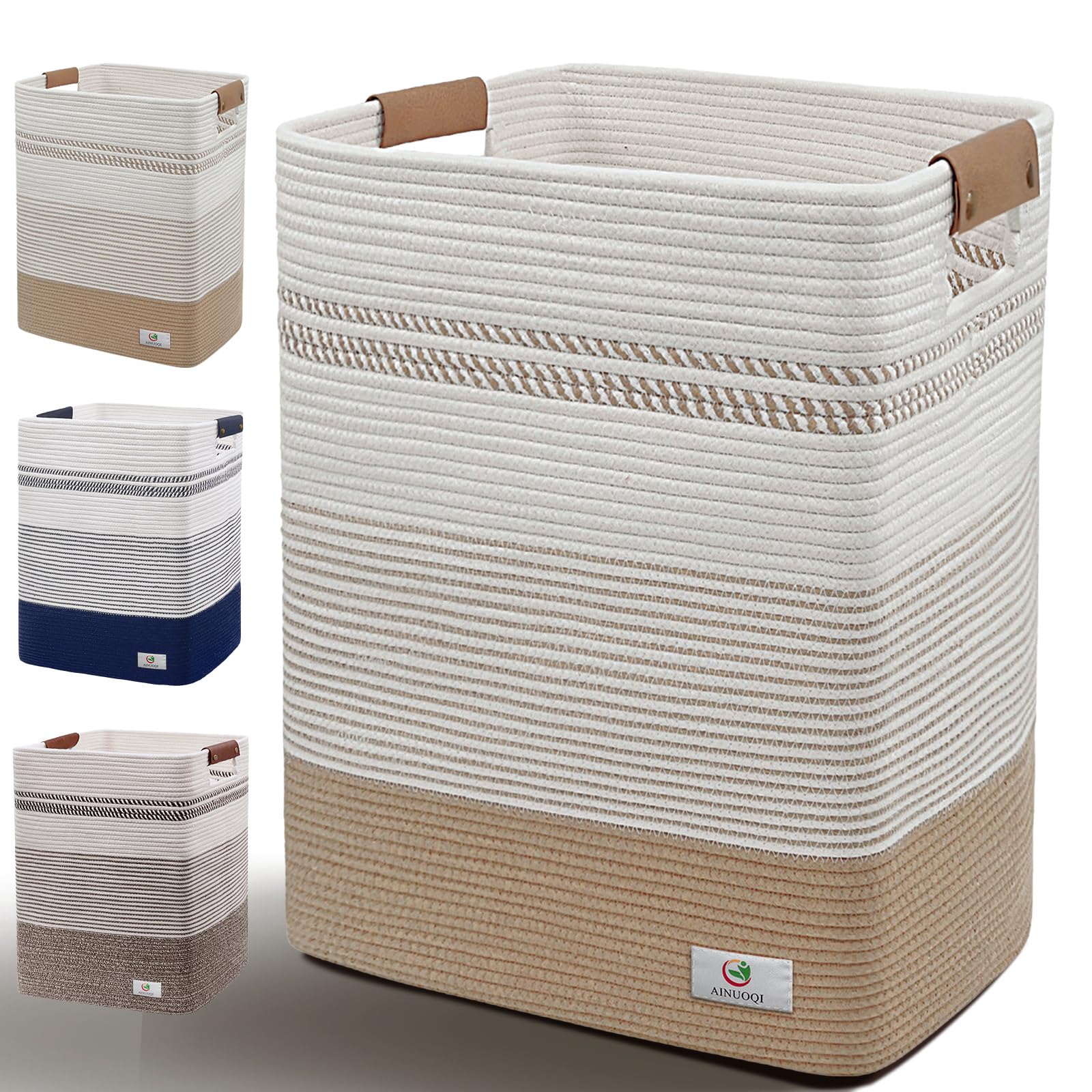 AINUOQI Laundry Hamper - 85L Large Laundry Basket with Leather Handles, Decorative Storage Basket for Blankets - Cotton Rope Woven Baskets for Storage, Clothes Hamper for Living Room, Jute & White