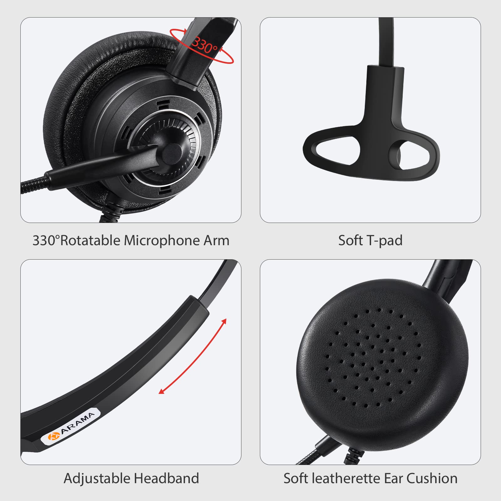 Arama USB Headset with Microphone Noise-Cancelling, Comfort Fit Computer Headset with Microphone for PC Laptop Mac Skype Zoom UC Webinar Business Call Center Home Office