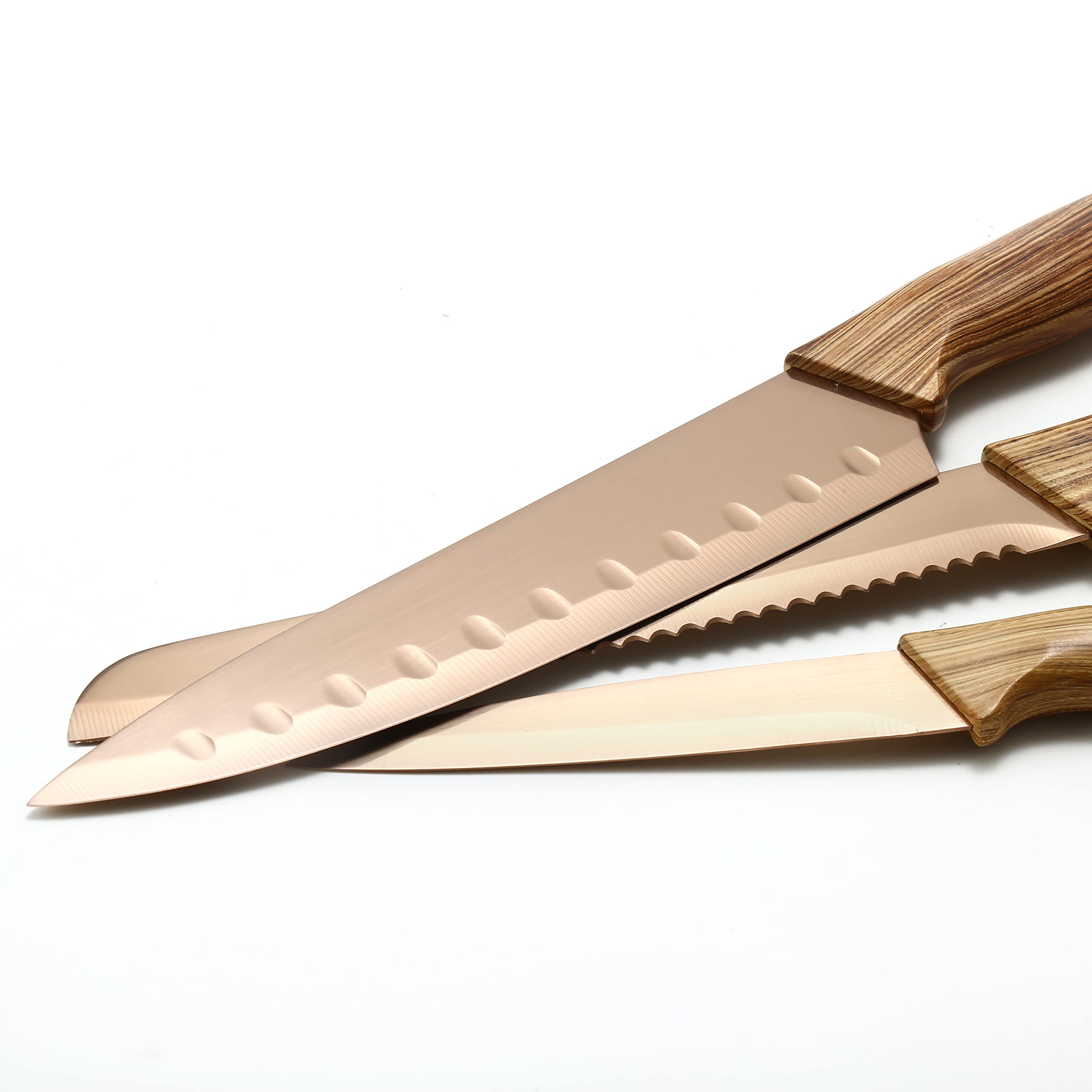 MAOMIDA Knife Set - Luxury rose Gold kitchen Knife set, titanium coated 4 piece stainless steel hollow handle golden kitchen knife set wood grain knife