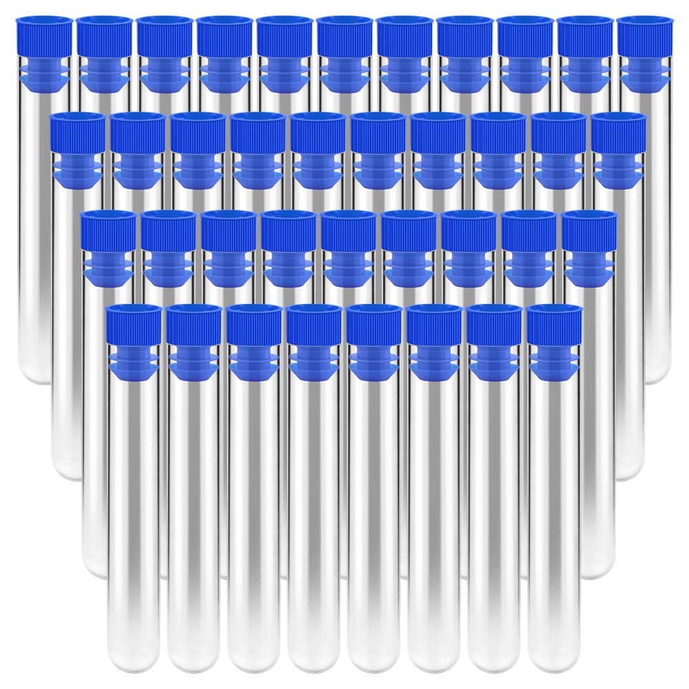 WYKOO 50 Pcs 13ml Clear Plastic Test Tubes with Blue Cap, 16x100mm Vials Container Sample Tubes for Liquid, Scientific Experiments, Craft, Party Supplies, Candy Storage, Home Decoration