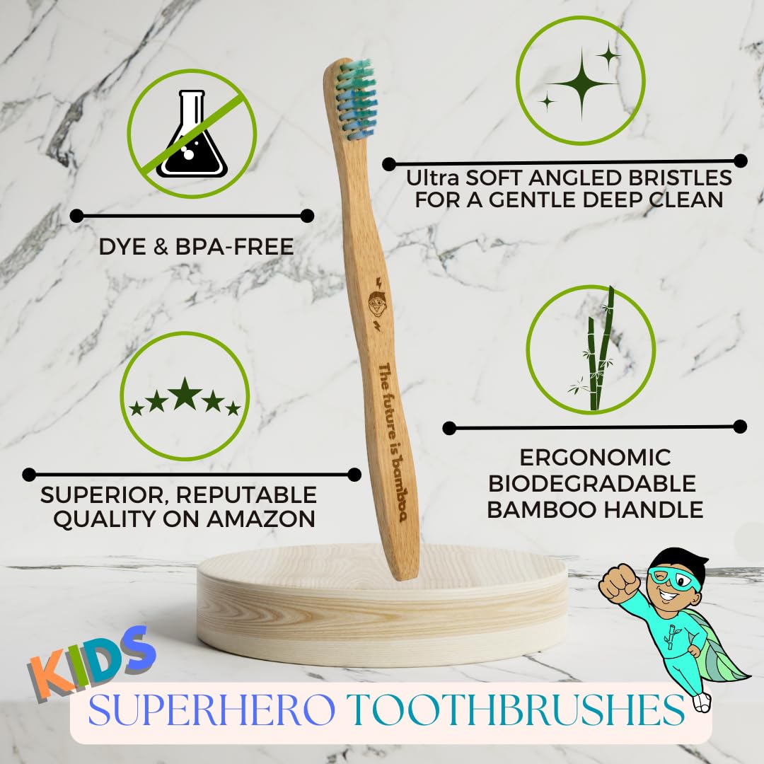 The future is bamboo Super Hero Kids Toothbrush - Made from Sustainable Bamboo for a Natural & Eco-Friendly Feel, Soft Wave Bristles, Biodegradable Wooden Handle | (Pack of 4, Super Hero)