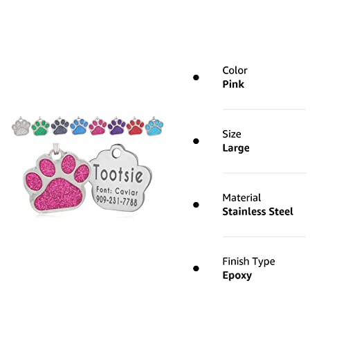 io tags Pet ID Tags, Personalized Dog Tags and Cat Tags, Custom Engraved, Easy to Read, Cute Glitter Paw Pet Tag (Pink)