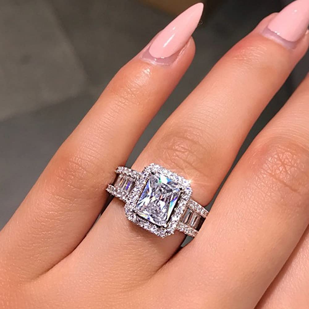 925 Sterling Silver Shiny Full Diamond Ring Cubic Zirconia Cocktail Rings CZ Eternity Engagement Wedding Band Ring for Women (US Code 7)