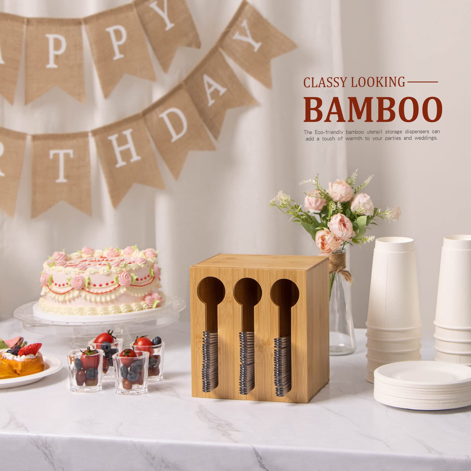 ANBOXIT Bamboo Utensil Dispenser for Spoons and Forks, Plastic Utensil Holder Station with 3 Compartments, Plastic Utensil Organizer, Cutlery Dispenser for Party, Wedding, Church and Breakroom
