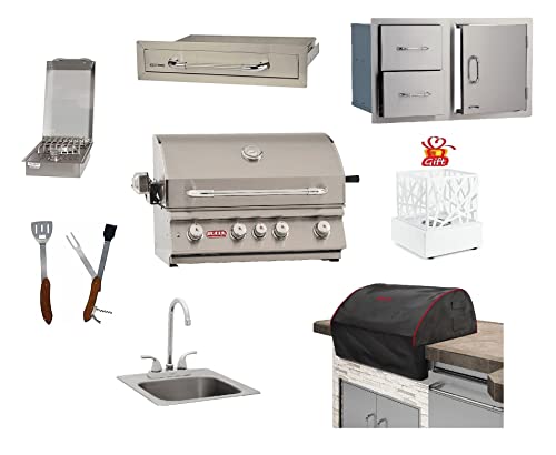 AMS Bull Grill 30" Angus BBQ Grill with Bull Single Side Burner, 30'' Door/Drawer Combo, Single Drawer, Sink and Cover… (Liquid Propane) FREE Bio-Ethanol Table-top Fire pit