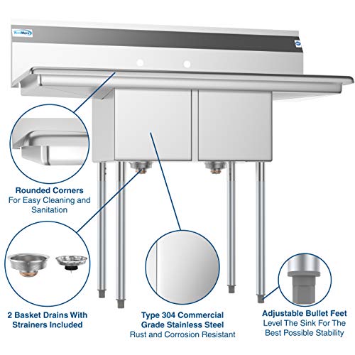KoolMore - SB121610-12B3 2 Compartment Stainless Steel NSF Commercial Kitchen Prep & Utility Sink with 2 Drainboards - Bowl Size 12" x 16" x 10"
