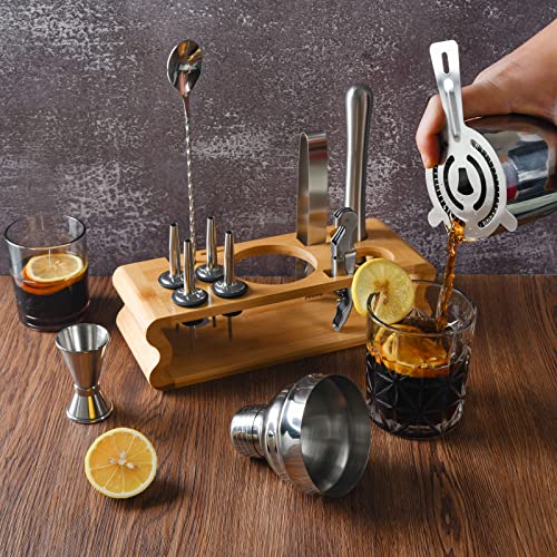 Esmula 12 Piece Bartender Kit with Bamboo Stand, 25oz Cocktail Shaker Set for Mixed Drink, Professional Bar Tool Set With Cocktail Recipes Booklet, Gift for Man Dad Friend (Silver)