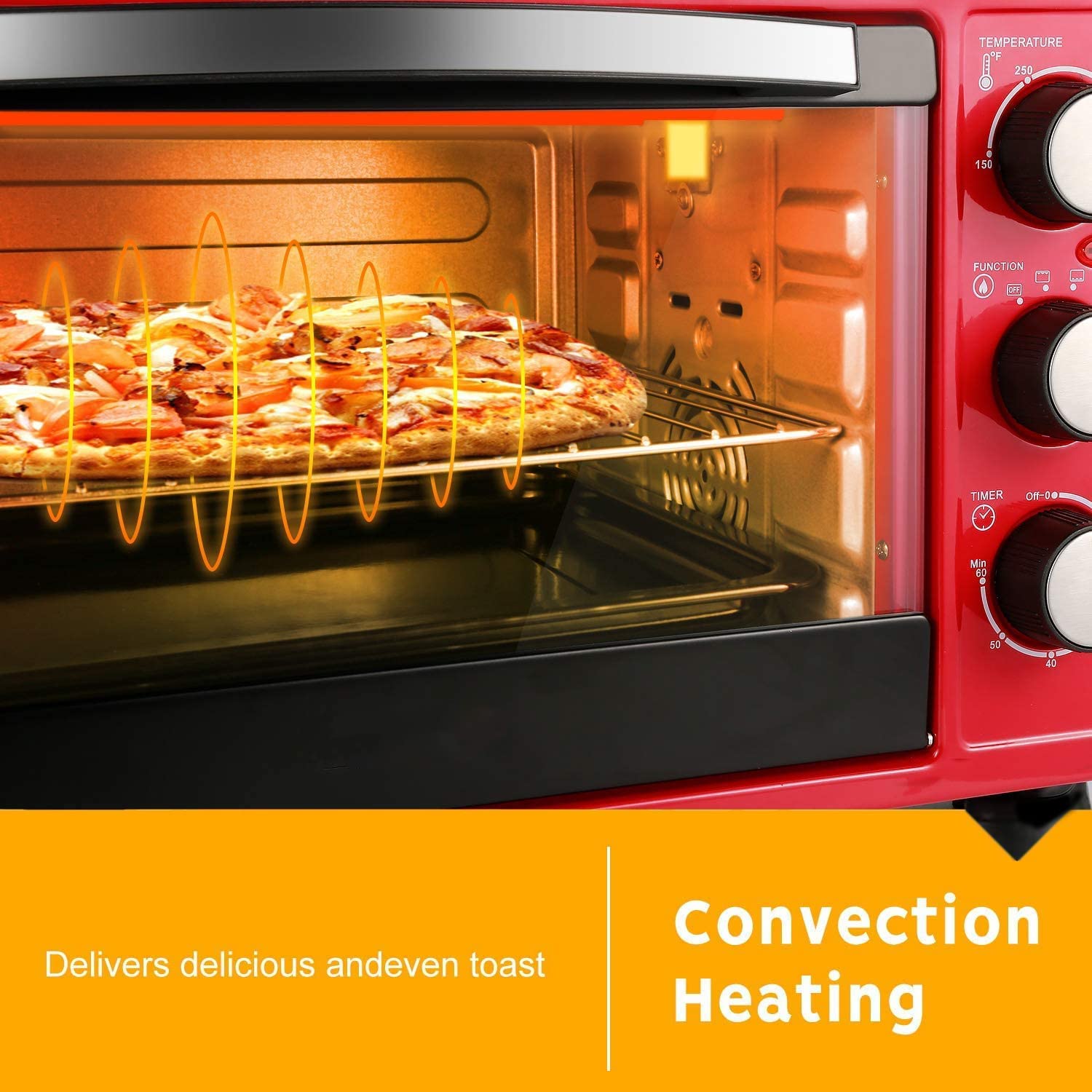 6-Slice Timer Convection Toaster Oven - with Baking Pan Rack & Crumb Tray (Red)