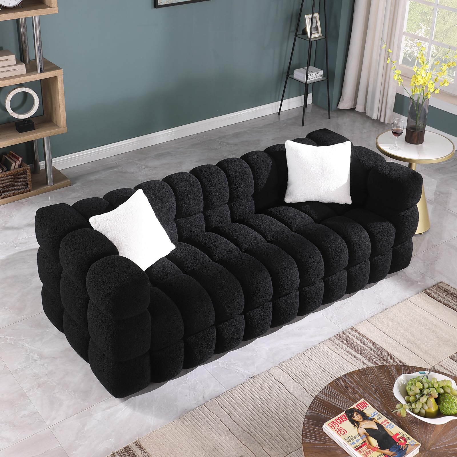 84.3" 3 Seater Modern Sofa Couch, Comfy Upholstered Living Room Sofa with 2 Pillows, Comfy Boucle Sofa with Solid Metal Legs, Contemporary Furniture Tufted Cloud Couch for Waiting Room, Office, Black