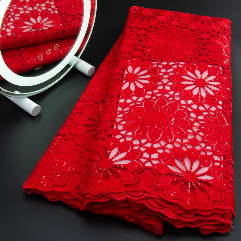 KAJURUI African Lace Fabric 5 Yards, Nigerian Mesh Lace Fabric with Sequins for Daily/Party Sewing