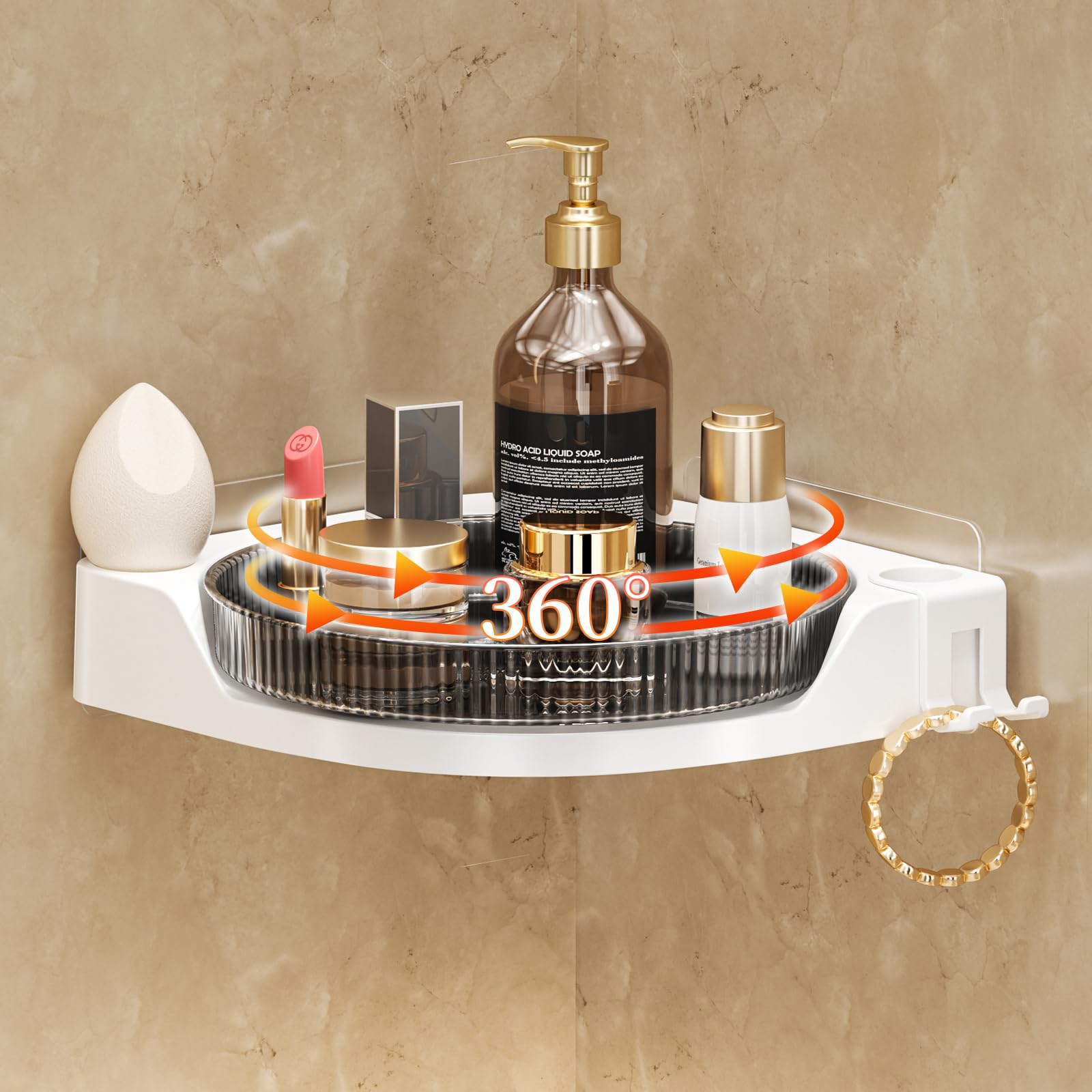 akinbas Corner Shower 3 Tier Caddy Lazy Susan Organizer 360 Rotating Corner Shelf Wall Mounted with No Drilling Shelves for Bathroom Dorm and Kitchen (White)