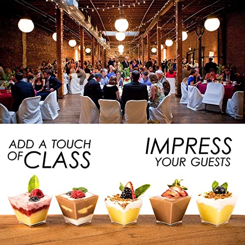 DLux 50 x 2oz Square Mini Dessert Cups with Spoons, Clear Plastic Parfait Appetizer Cup - Small Reusable Serving Bowl for Tasting Party Desserts Appetizers - With Recipe Ebook