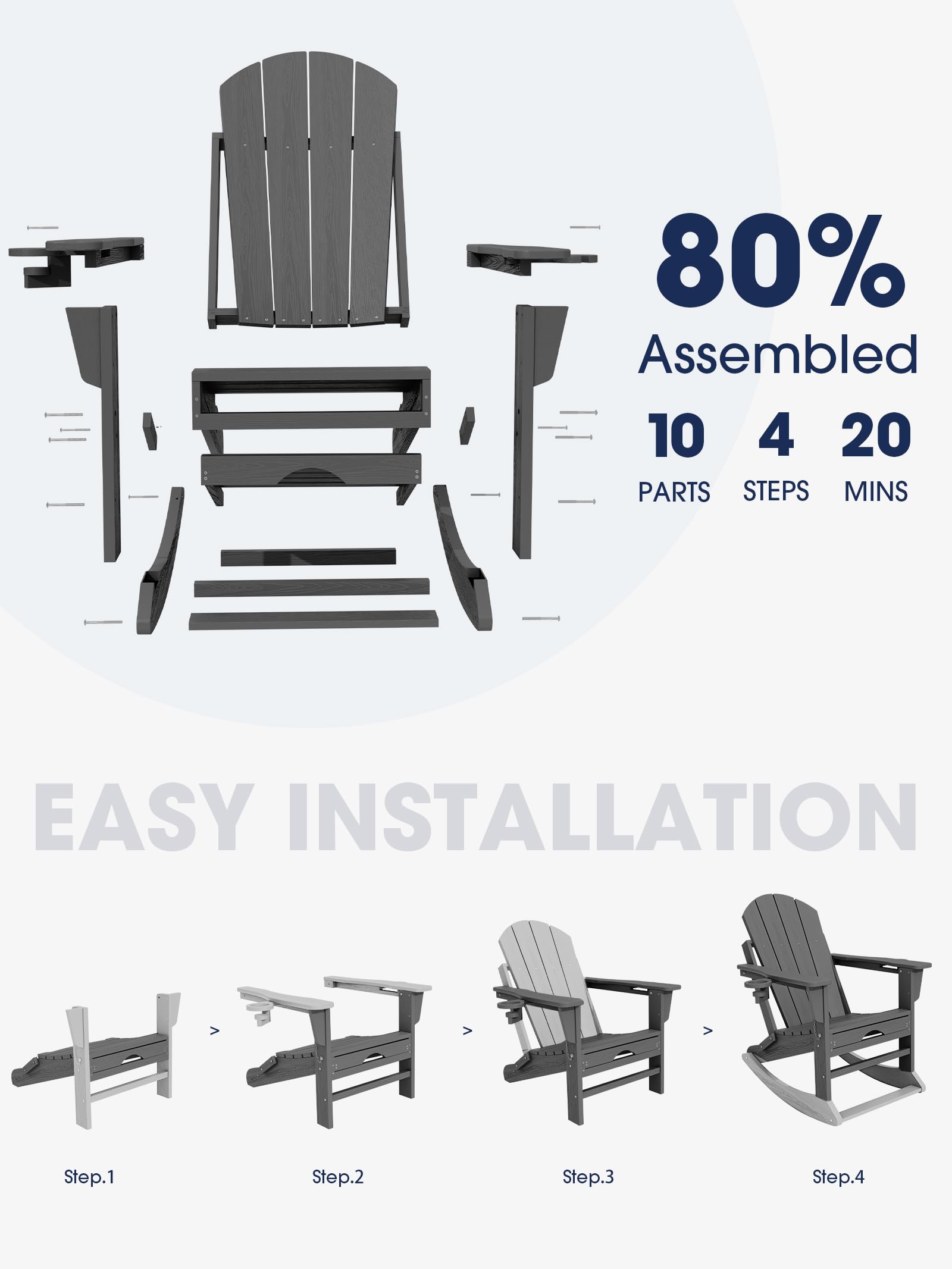 KINGYES Folding Adirondack Rocking Chair with Retractable Ottoman and Cup Holders, 4-in-1 Multifunctional HDPE Adirondack Chair for Porch, Patio, Balcony, Leaden Grey
