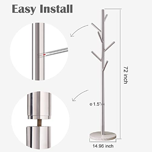 Metal Coat Rack Stand Golden Satin Steel Finish Stable Marble Base, High-Grade with Hooks Metal Tree Hat & Coat Hanger Floor Free Standing Wall Bedroom Easy Assembly (Golden)