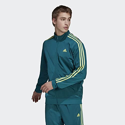 adidas Men's Regular Essentials Warm-Up 3-Stripes Track Jacket, Legacy Teal/Pulse Lime (Primegreen), Medium