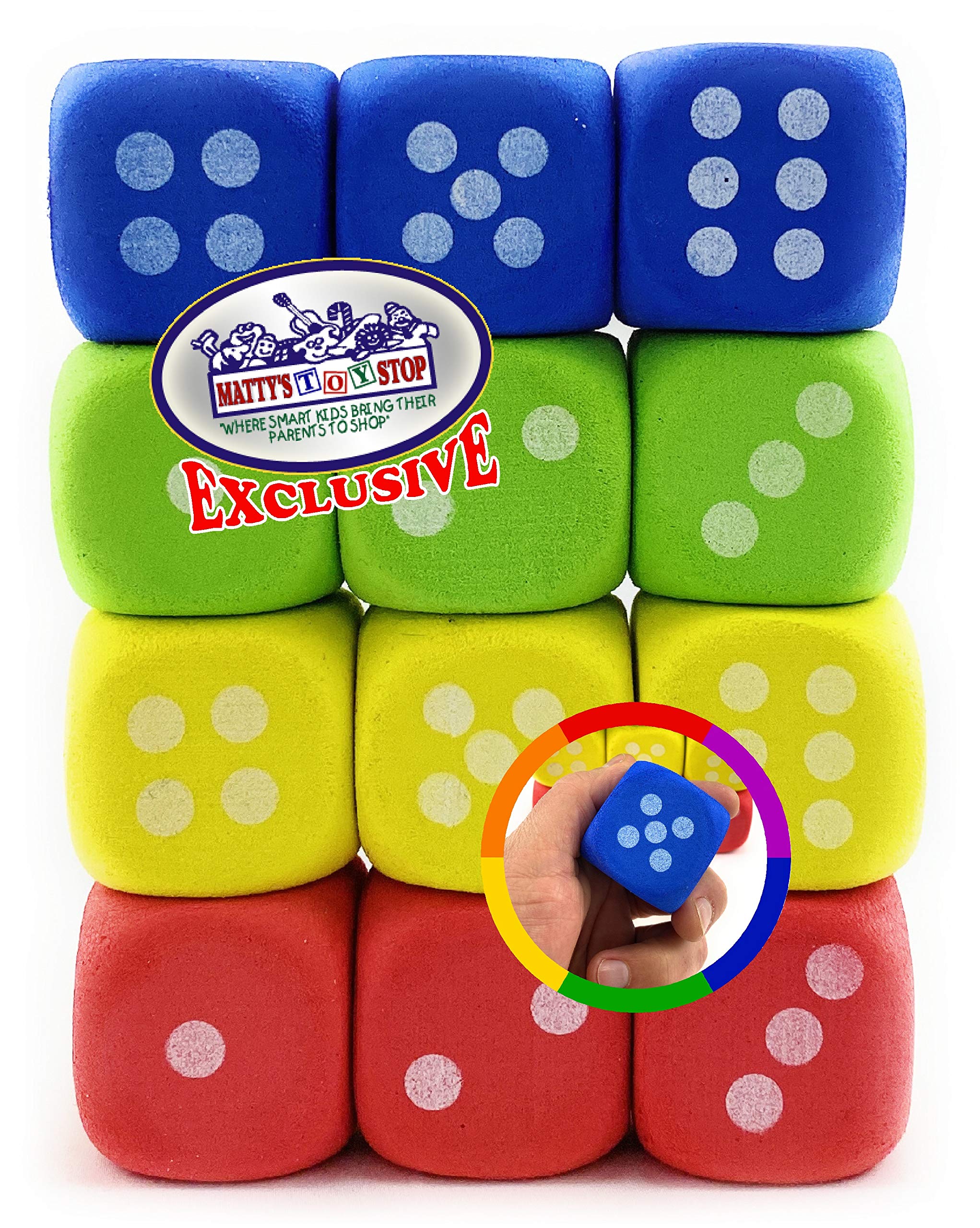 Deluxe 1.5" EVA Foam Dice Red, Green, Blue & Yellow (Pack of 12) Bucket