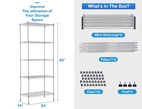 Metal Shelving, 5 Tier 750 Lbs Capacity Wire Shelving with Leveling Feet, Nsf Certified Metal Shelves for Kitchen Pantry Closet Laundry Bathroom Office, 5-shelf Metal Storage Shelves Storage Rack