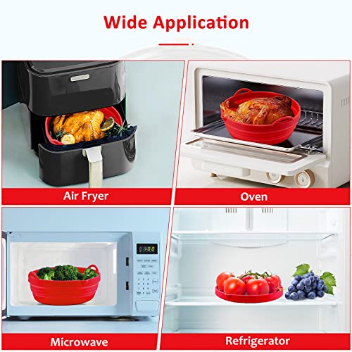 Air fryer Silicone Liners Reusable, 7.5IN Air Fryer Silicone Pot, Foldable Silicone Air Fryer Basket with Silicone Oven Mitts (Red)